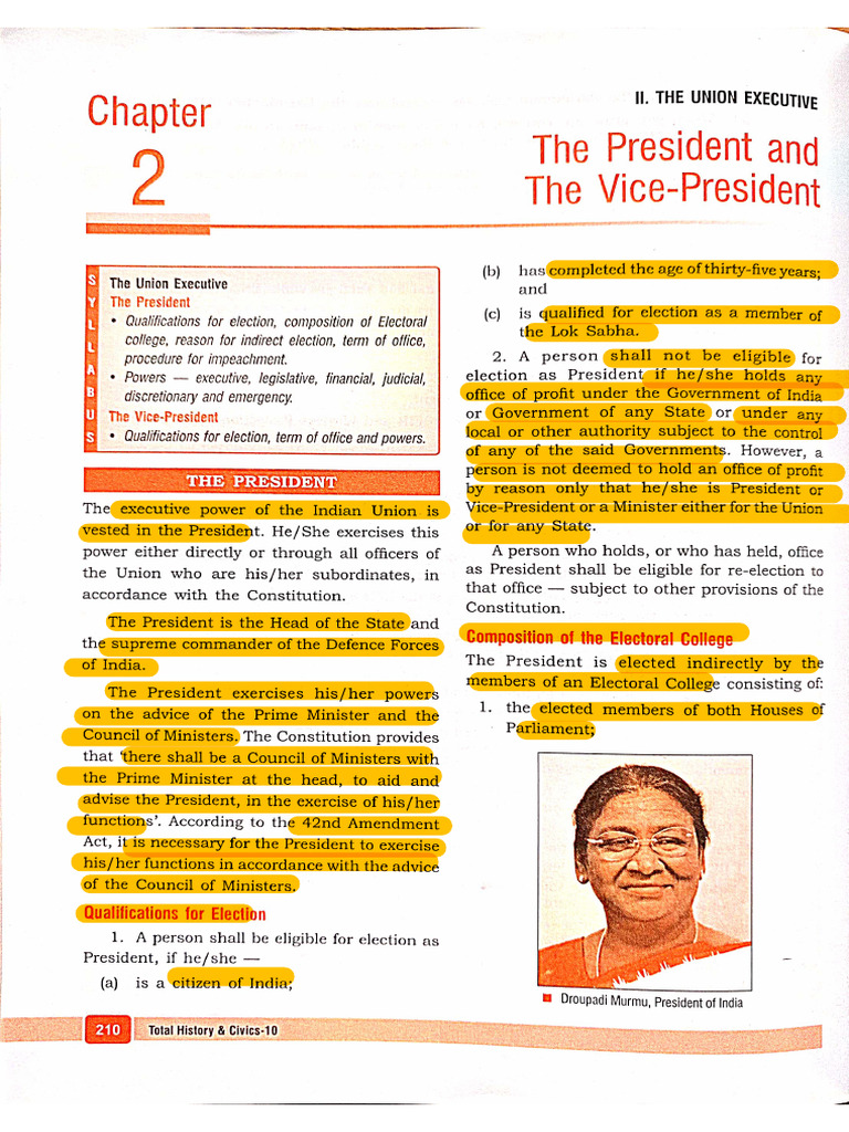 Cls 10 Civics CH 2 The President and The Vice-President | PDF