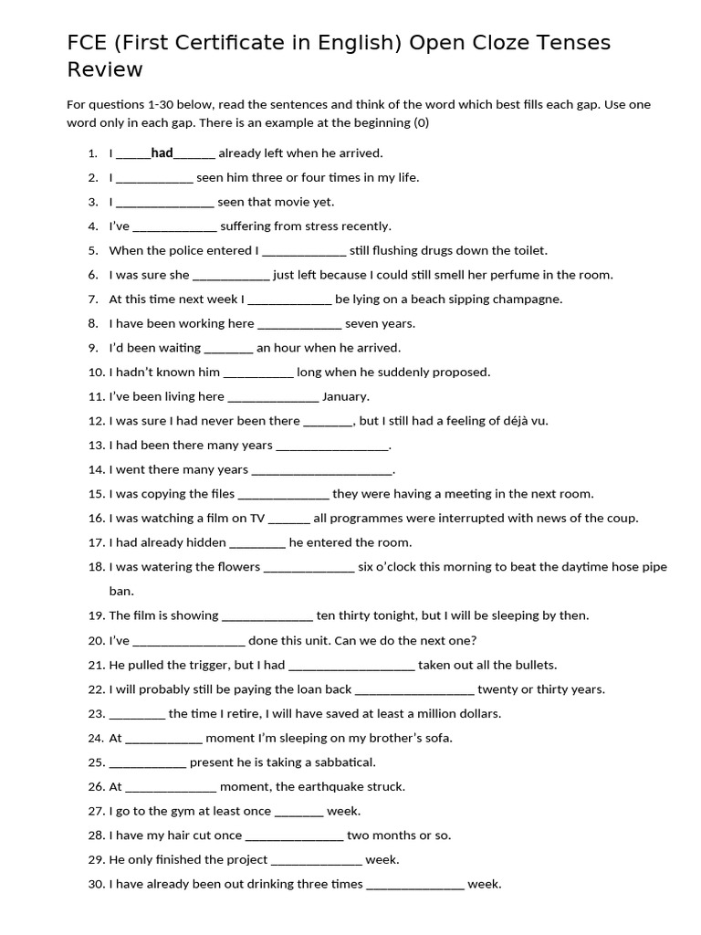 Fce First Certificate in English Use of English Part Two Open Cloze ...