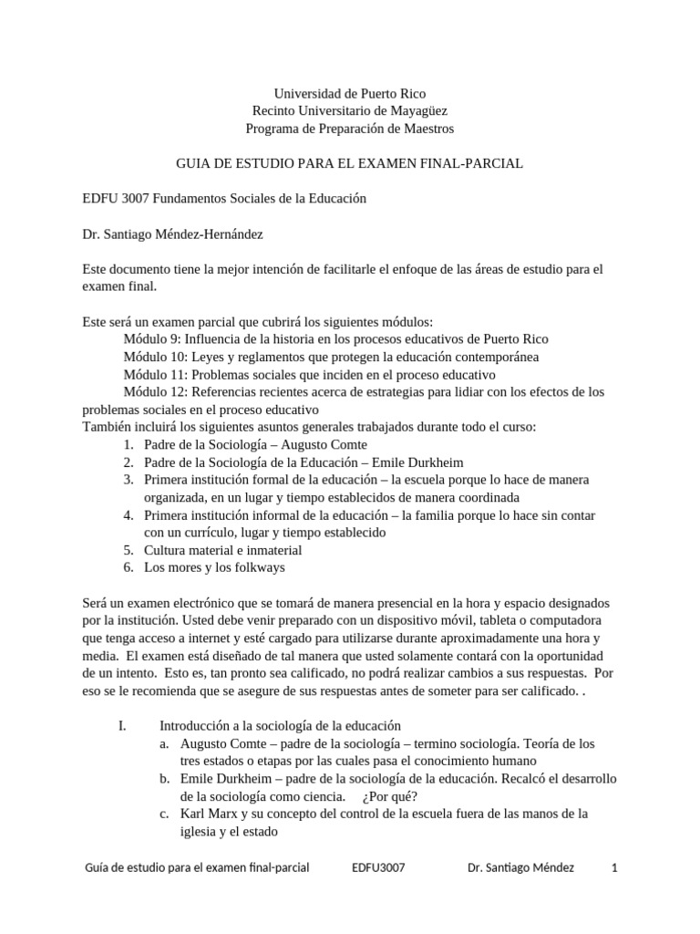 Guía de Estudio para El Examen Final Parcial Del Curso EDFU 3007 DR ...