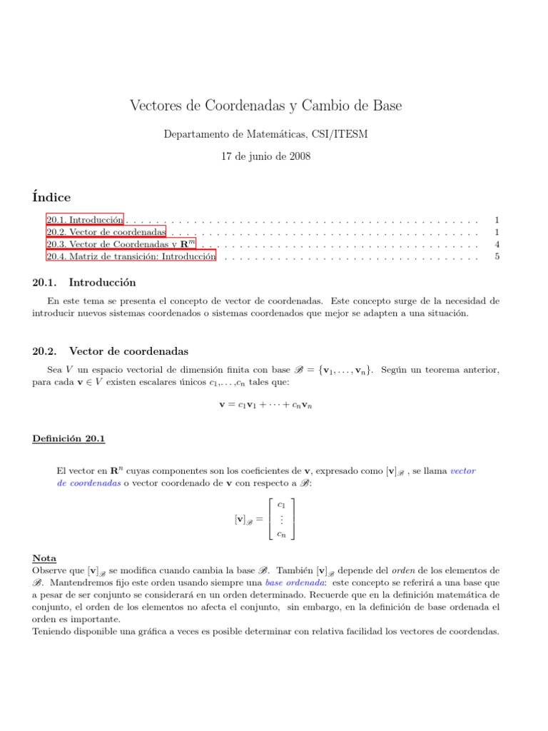 Vectores y Cambio de Base en Matemáticas | PDF | Espacio vectorial ...