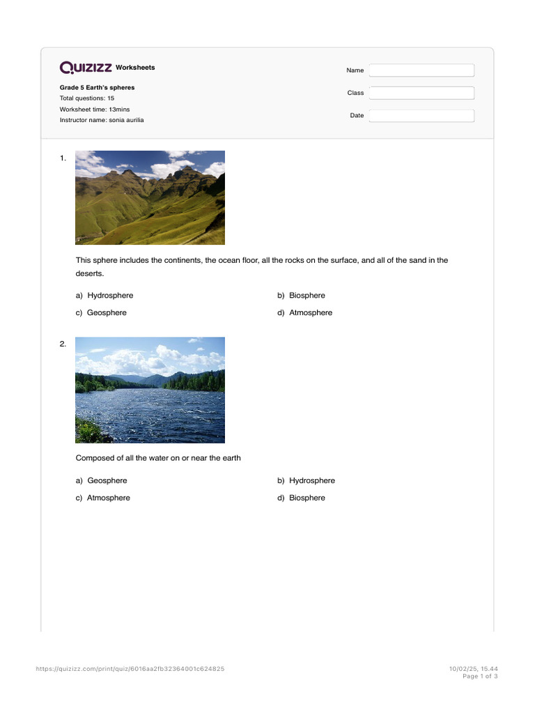 Grade 5 Earth's Spheres Worksheets | PDF | Earth | Atmosphere
