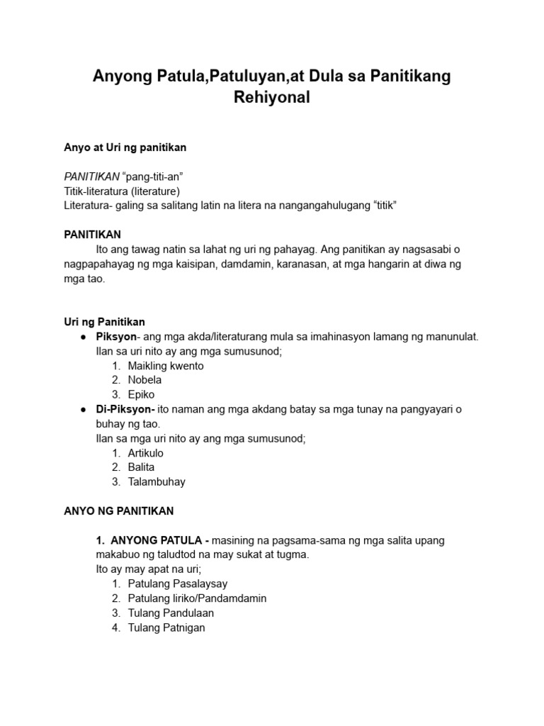 Anyong Patula, Patuluyan, at Dula Sa Panitikang Rehiyonal | PDF