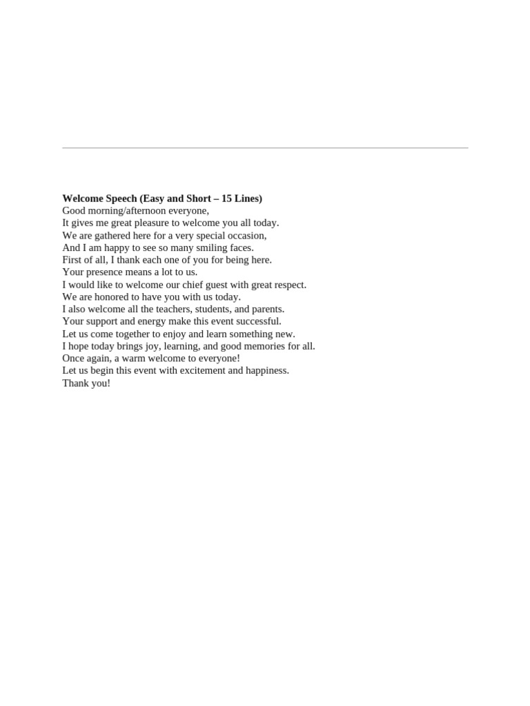 Short Welcome Speech Template | PDF