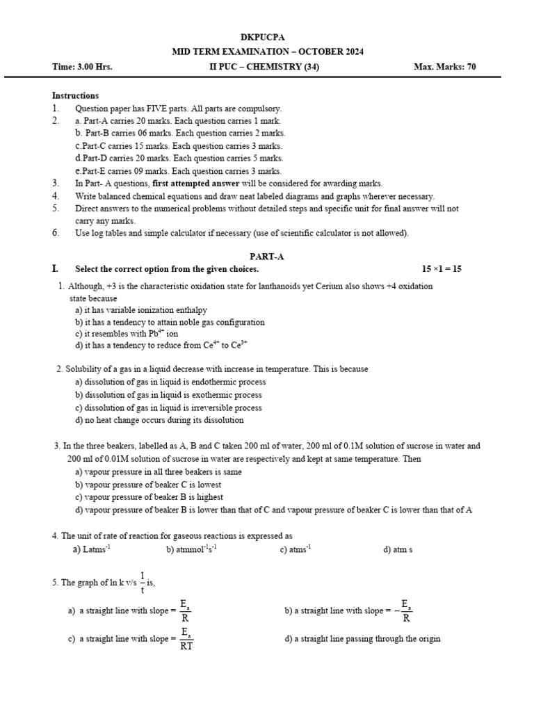 Mid Term Exam QP Oct-2024 II Puc Chemistry (34) - 240927 - 071859 | PDF | Coordination Complex ...