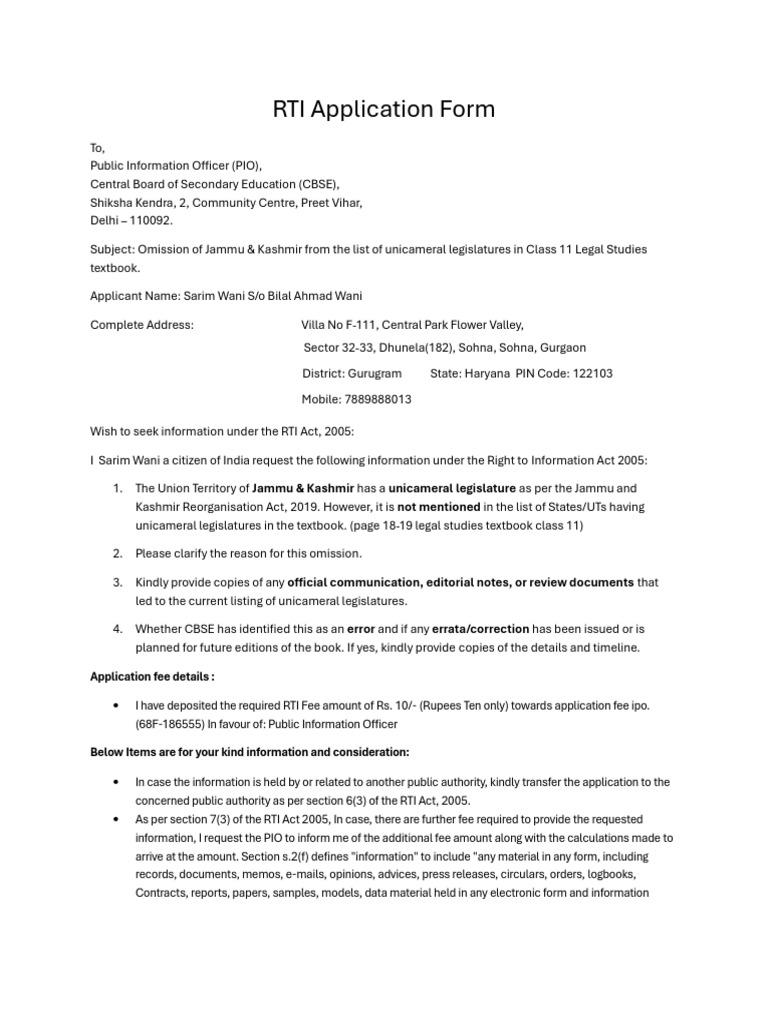 RTI Application Form: Jammu & Kashmir Unicameral Legislature Not Mentioned | PDF | Justice ...
