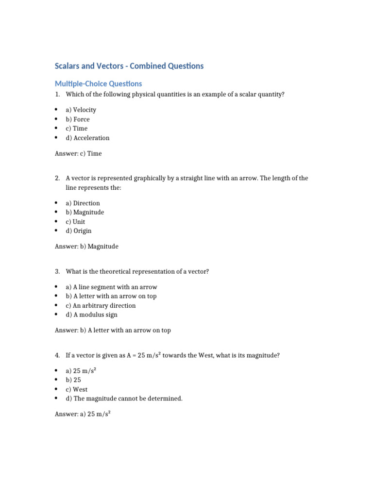 Scalars and Vectors Questions | PDF | Euclidean Vector | Velocity
