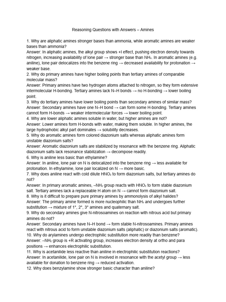 Reasoning Questions With Answers - Amines | PDF | Amine | Hydrogen Bond