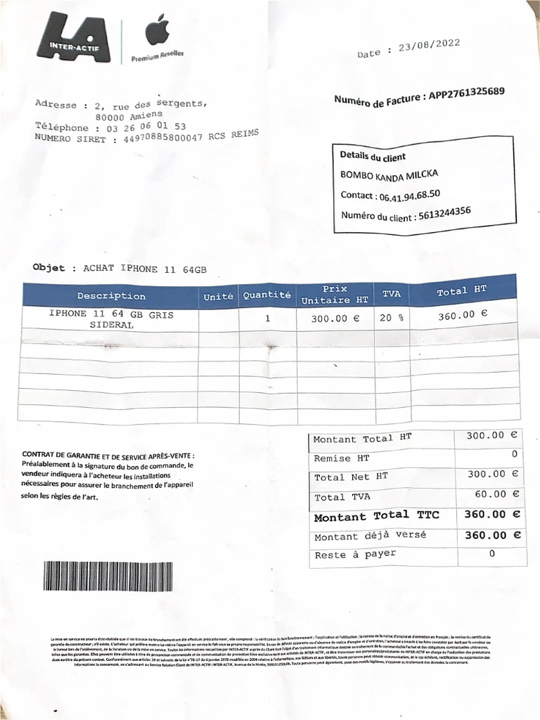 Facture Iphone Milcka | PDF