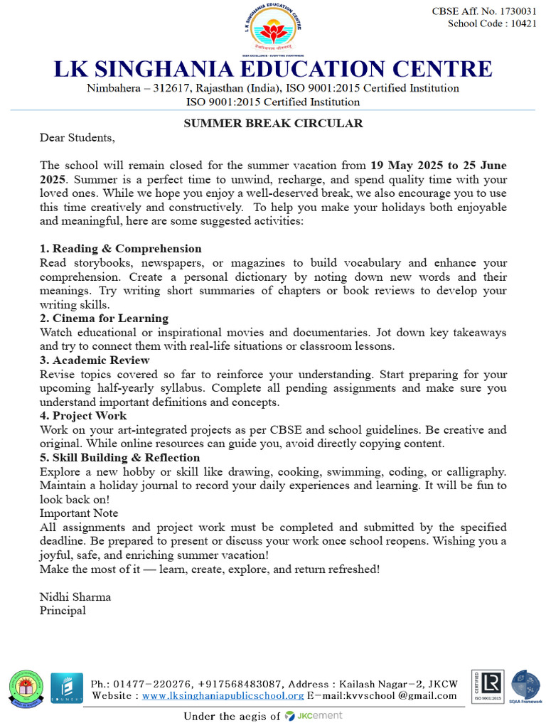 Summer Vacation Homework Guidelines 2025 | PDF | Equations | Globalization