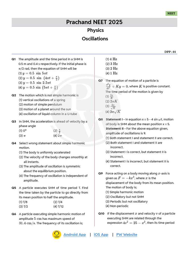 Oscillations - DPP 01 | PDF | Oscillation | Physical Quantities