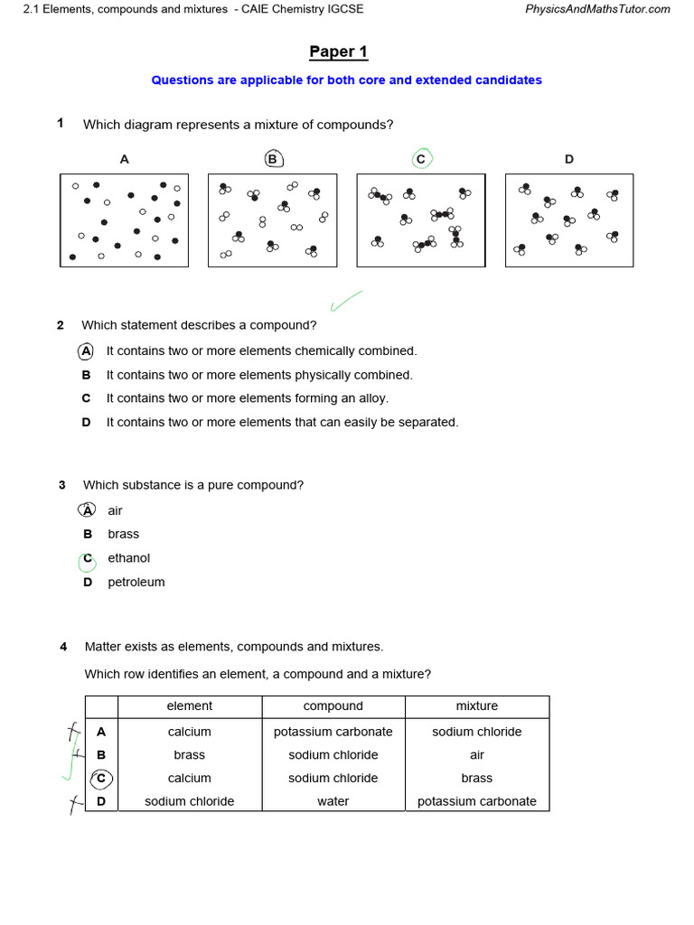 2.1 Elements, Compounds and Mixtures MCQ QP | PDF