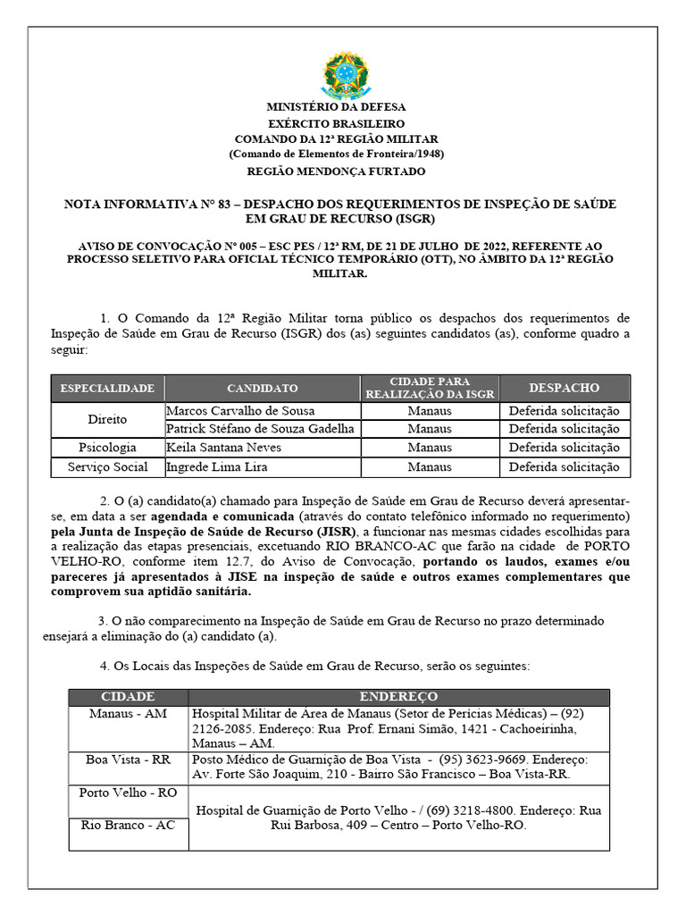 Nota Informativa n 83 Despacho Dos Requerimentos de Inspeo de Sade Em ...