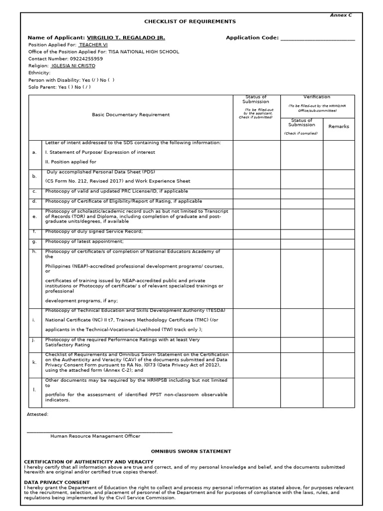 ANNEX C Checklist of Requirements and Omnibus Sworn Statement | PDF