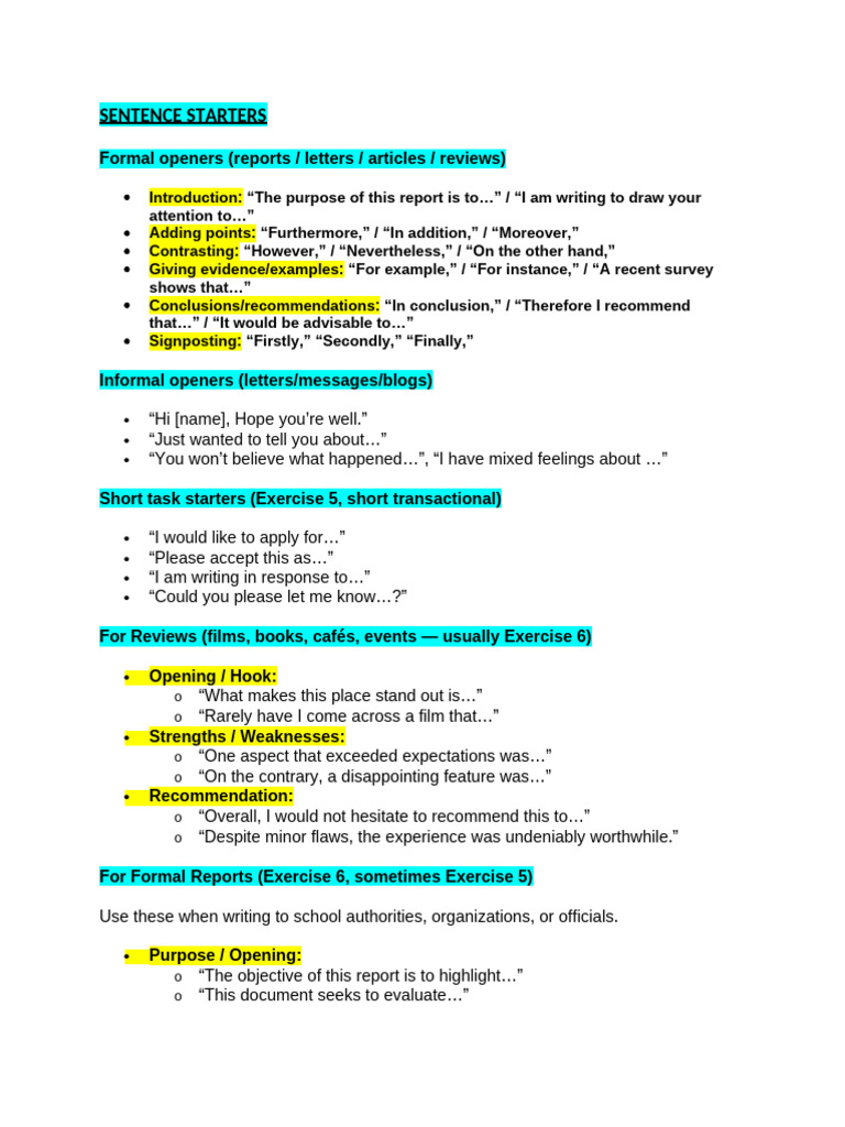 Effective Sentence Starters for Writing | PDF | Noun | Adjective