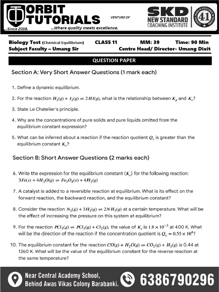 Chemical Equilibrium Test | PDF