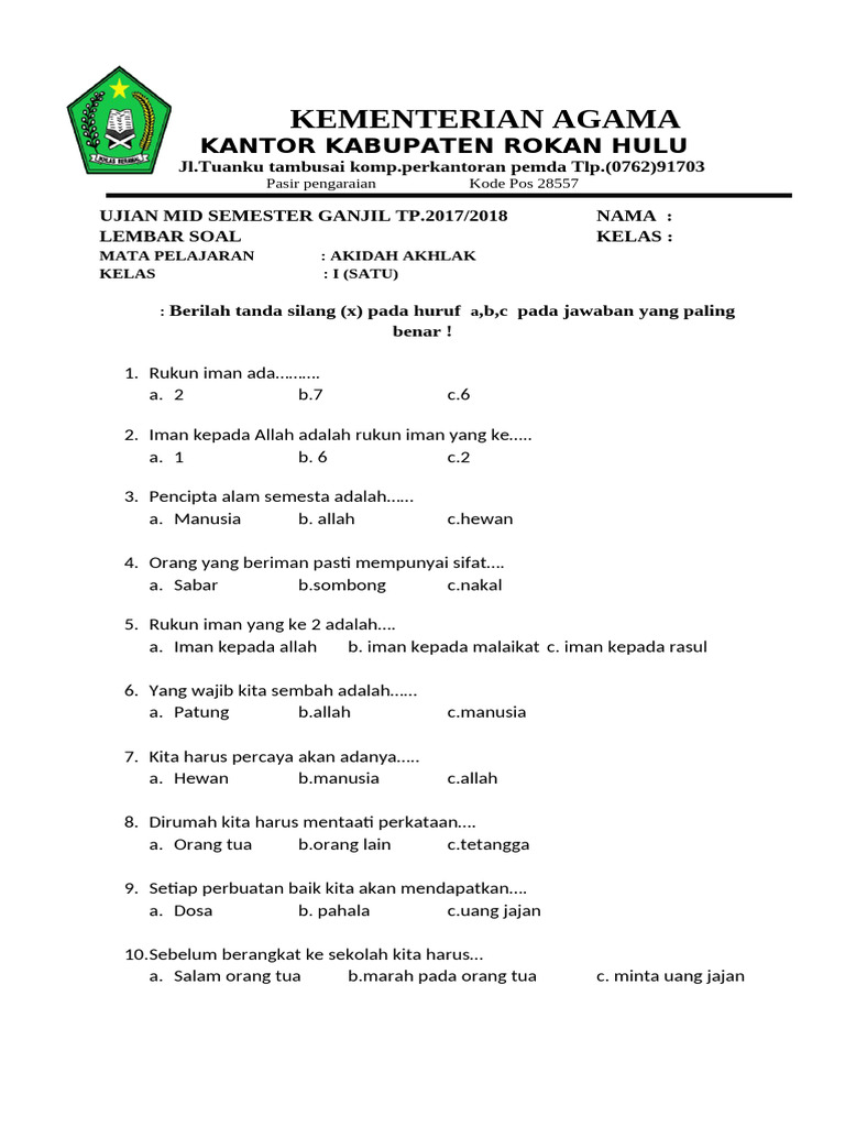 Soal Mid KLS 1 | PDF