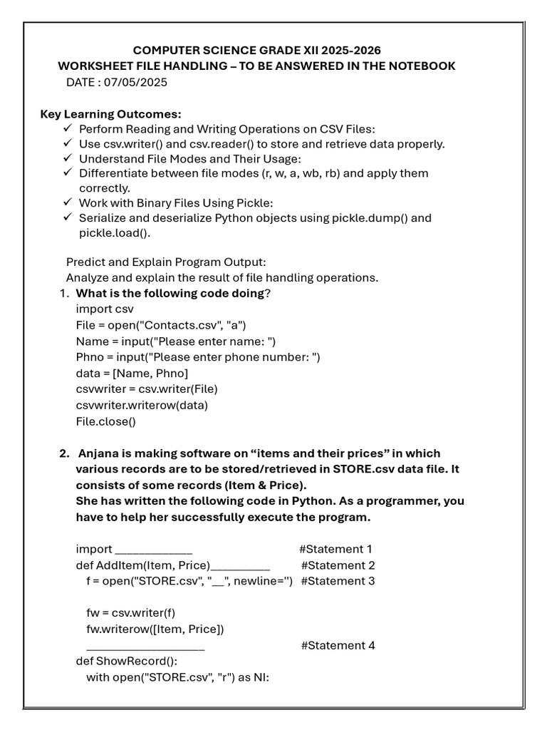 Worksheet File Handling File Handling | PDF | Computer Science ...