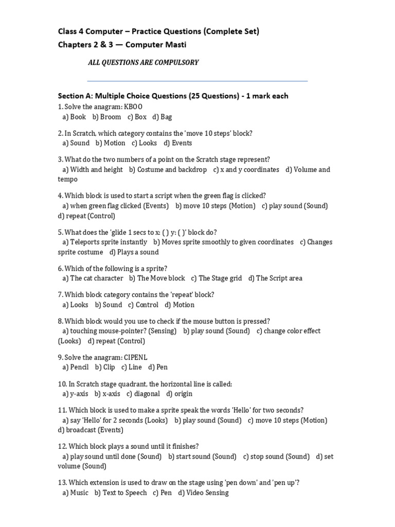 Class4 Computer Practice Questions 2025 | PDF | Scratch (Programming Language)