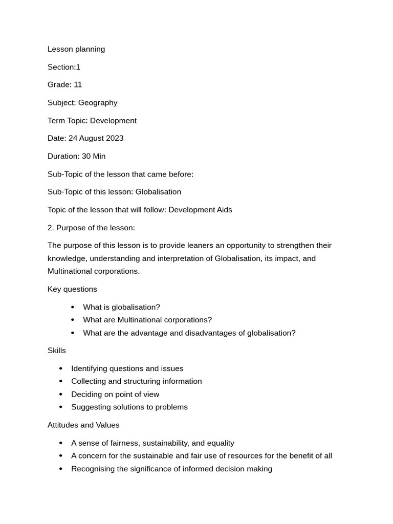 Globalisation Lesson Plan | PDF | Globalization | Economies