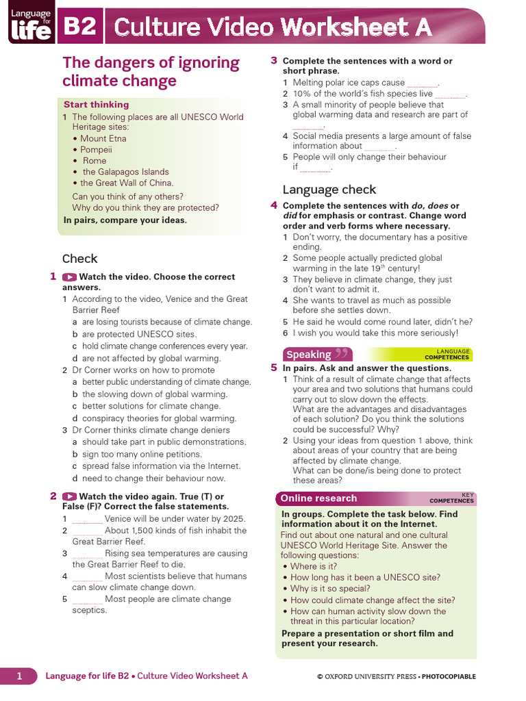 Language For Life b2 Culture Worksheets | PDF | Climate Change | News