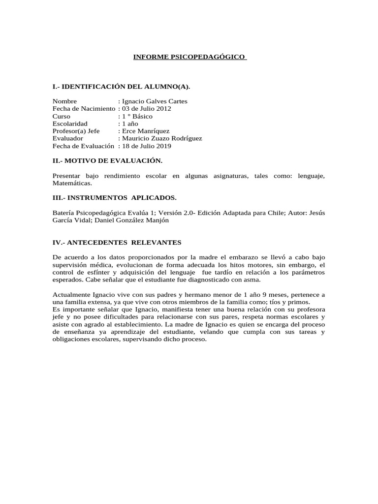 Informe Psicopedagógico de Ignacio Galves | PDF | Comprensión lectora ...