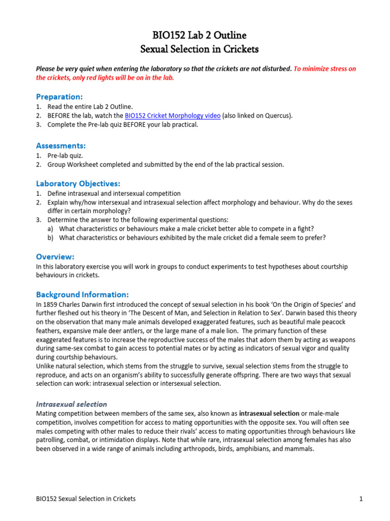 Sexual Selection in Crickets Lab Guide | PDF | Sexual Selection ...