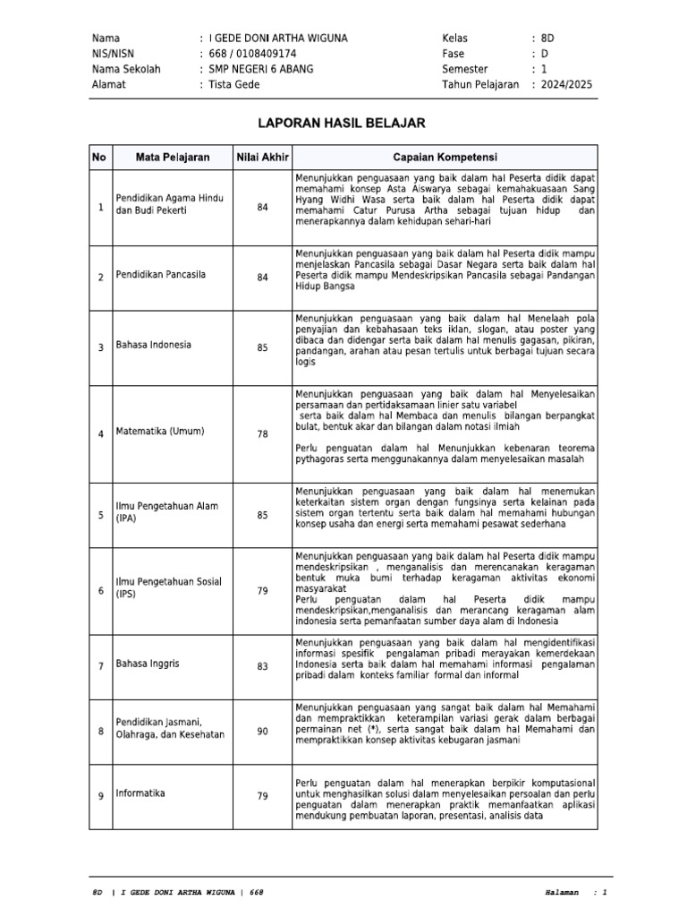 Rapor - I Gede Doni Artha Wiguna | PDF