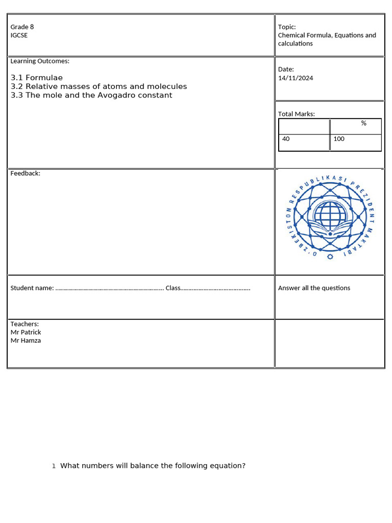 Balancing Chemical Equations Quiz | PDF | Mole (Unit) | Hydroxide