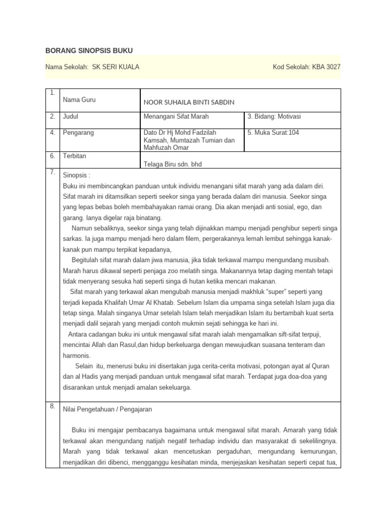 Borang Sinopsis Buku SPLG 2 Ila | PDF