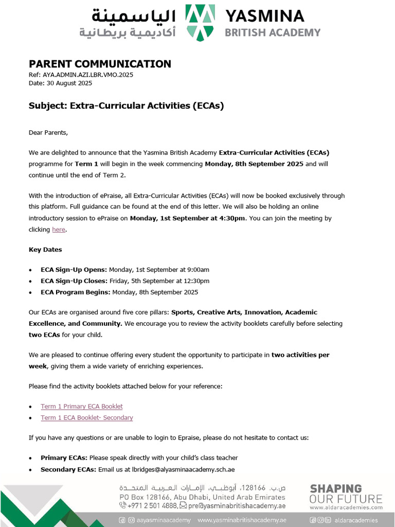 Yasmina British Academy - Extra-Curricular Activities (ECAs) 1 | PDF ...