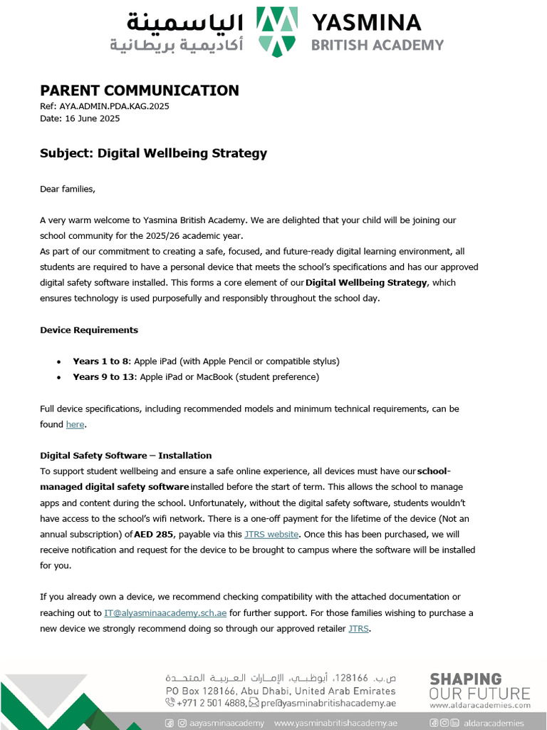 Yasmina British Academy - Digital Wellbeing Strategy | PDF