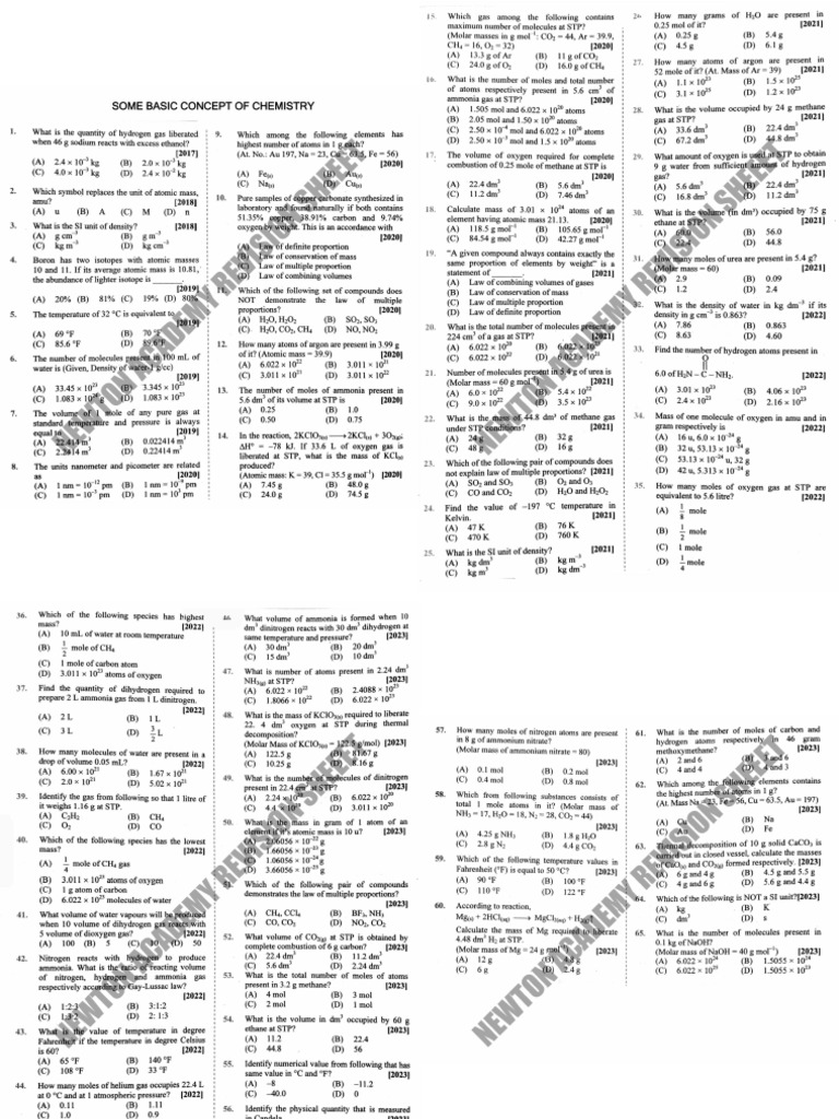 Basic Chemistry Concepts and Questions | PDF | Mole (Unit) | Atomic Orbital
