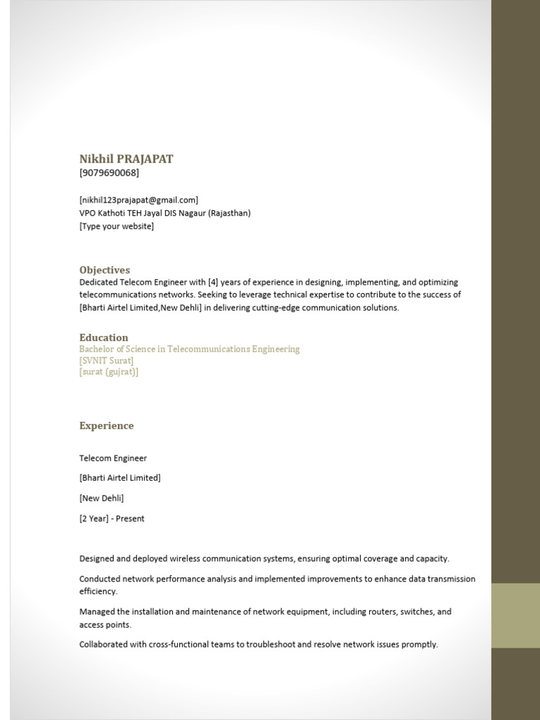 Telecom Engineer Resume for Nikhil Prajapat | PDF