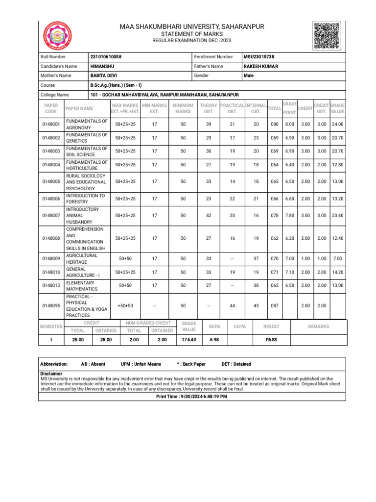 B.SC Agriculture First Sem, Marksheet | PDF