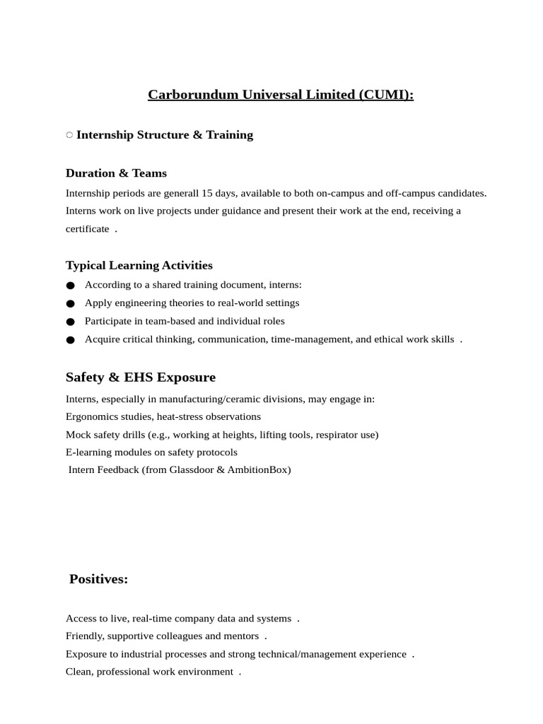 Carborundum Universal Limited (CUMI) :: Internship Structure & Training ...