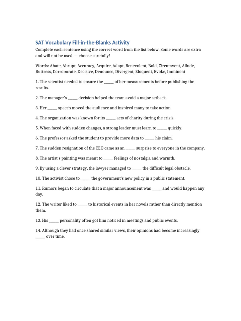 SAT Vocab Fill in The Blanks Activity | PDF