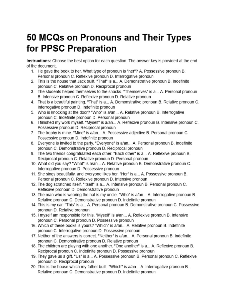 50 MCQs On Pronouns and Their Types | PDF | Pronoun | Syntactic ...