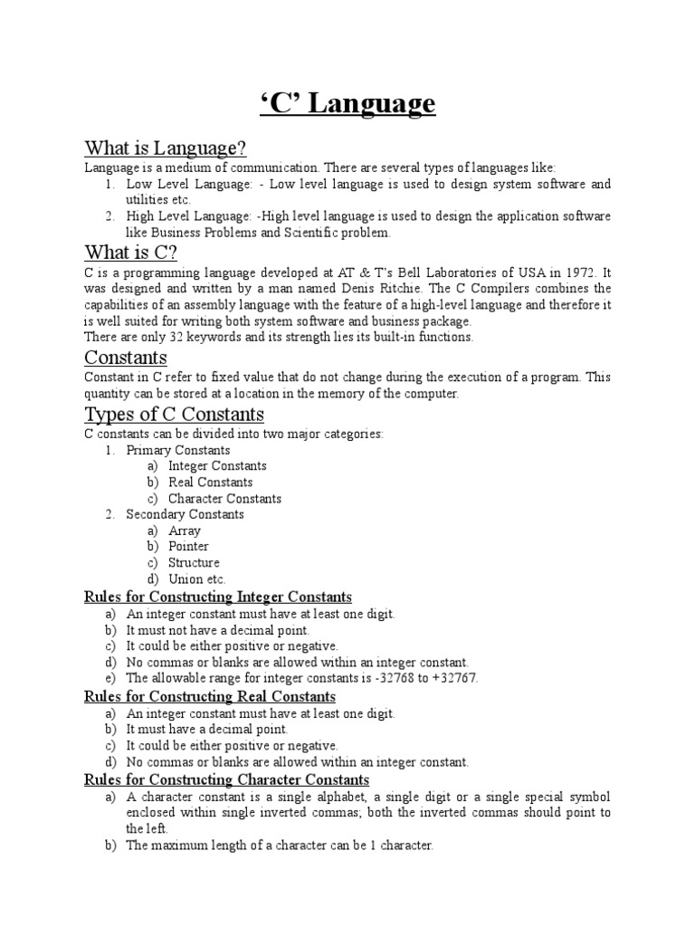 Language C Basics Pdf C Programming Language Notation