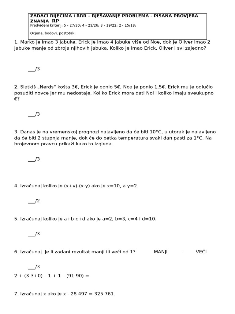 Zadaci Riječima I RRR - Pisana Provjera | PDF