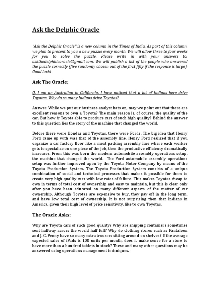 Delphic Oracle Puzzle: Toyota Quality | PDF