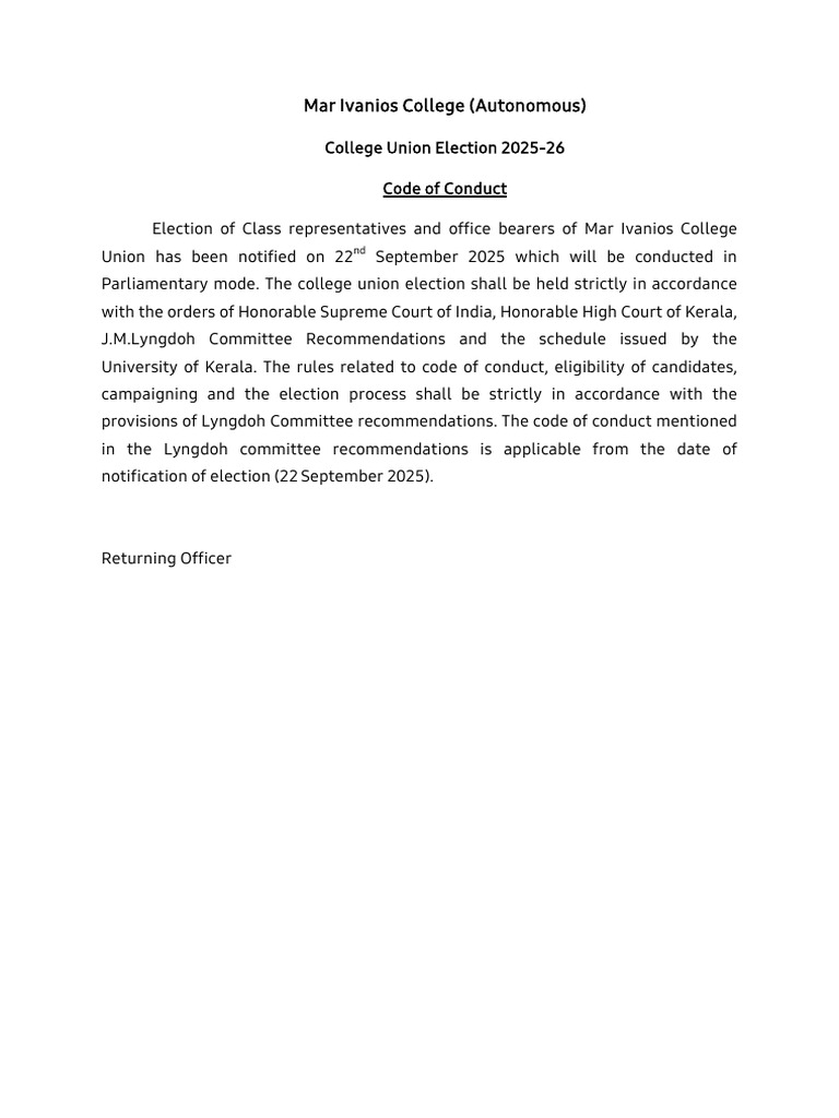 Mar Ivanios College Election Code 2025-26 | PDF
