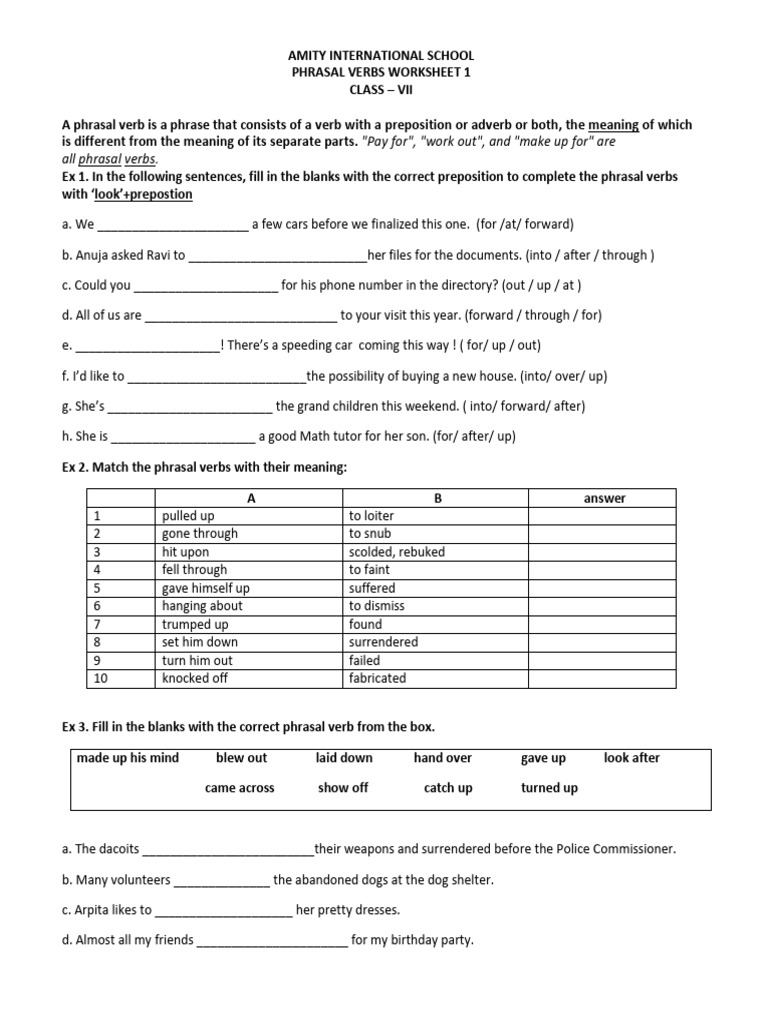 Phrasal Verbs Worksheet for Class VII | PDF | Syntax | Grammar