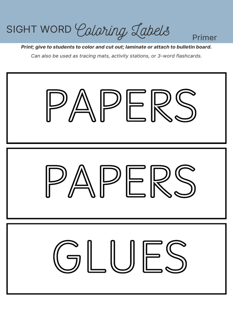 Sight Word Coloring Labels Primer | PDF | Lamination | Building Materials