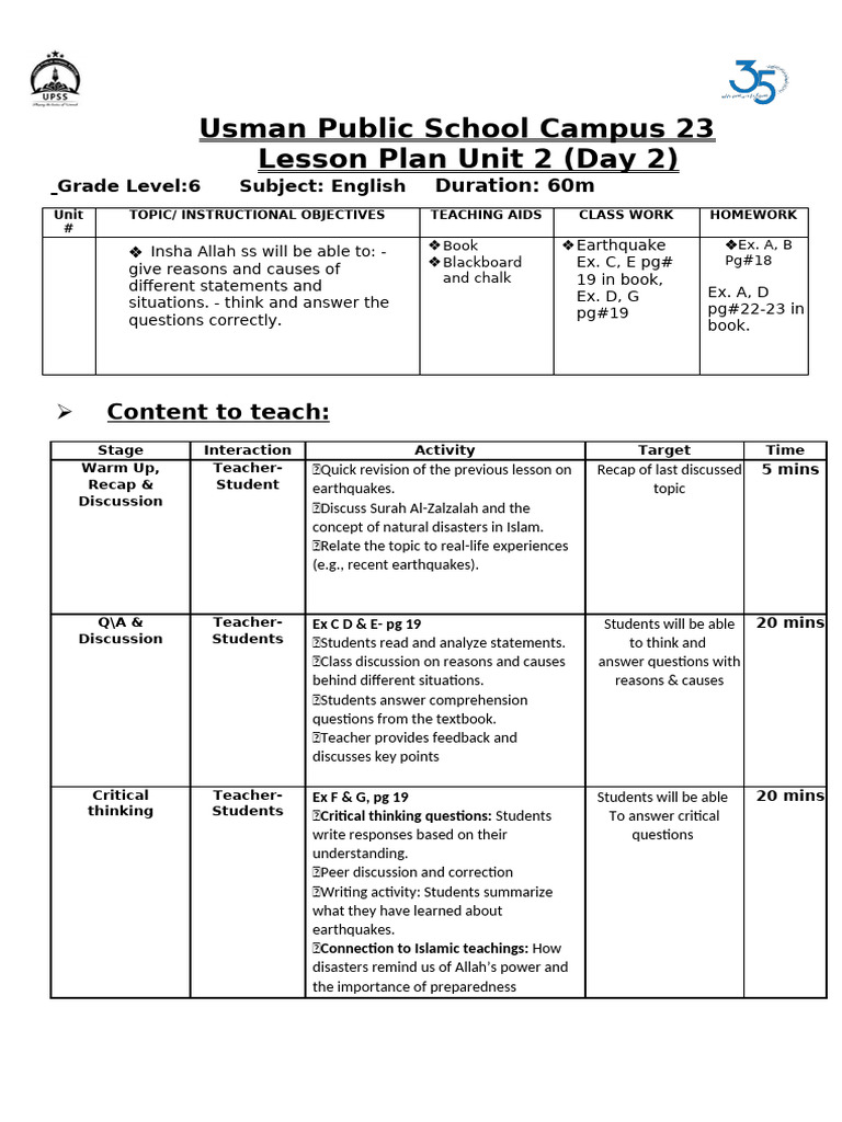 Lesson Plan Unit 2 Day 2 | PDF | Lesson Plan | Learning
