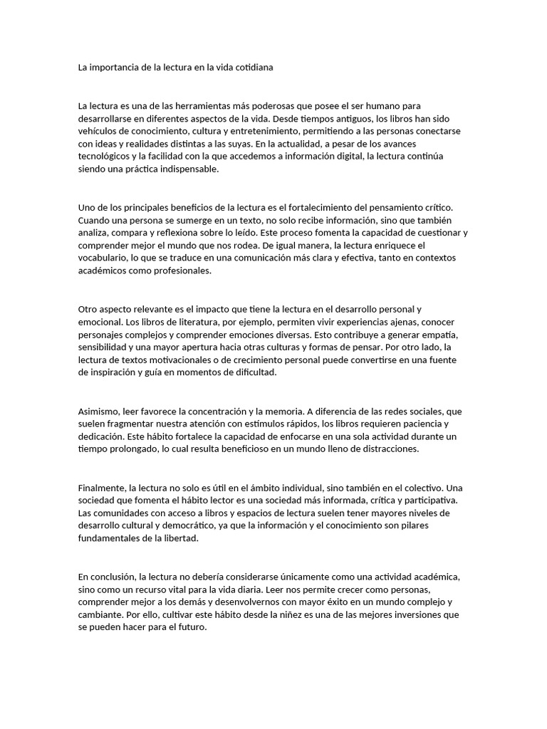 La Importancia de La Lectura en La Vida Cotidiana | PDF | Pensamiento ...