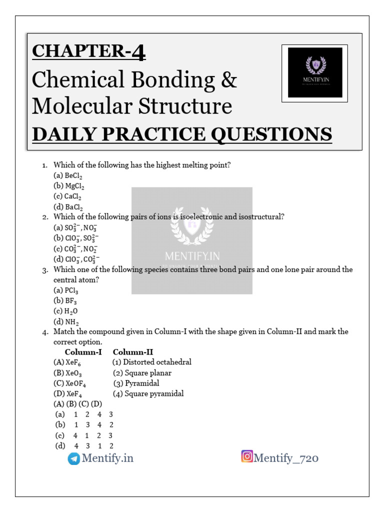 Chemical Bonding Practice Questions | PDF | Chemical Bond | Chemical ...