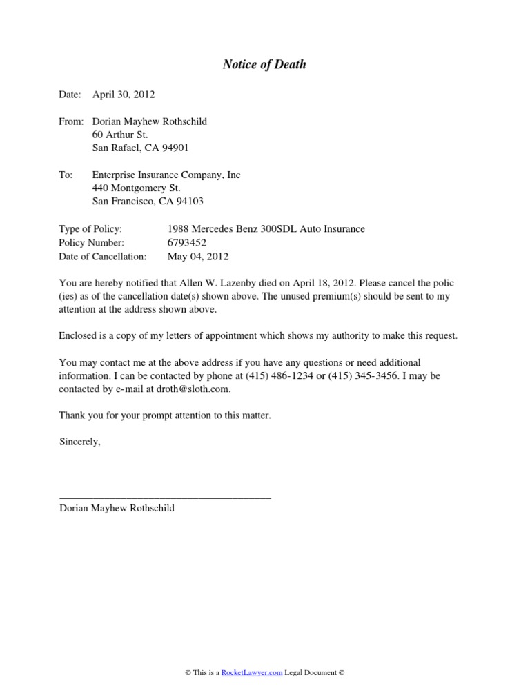 Notice of Death To An Insurance Company | PDF