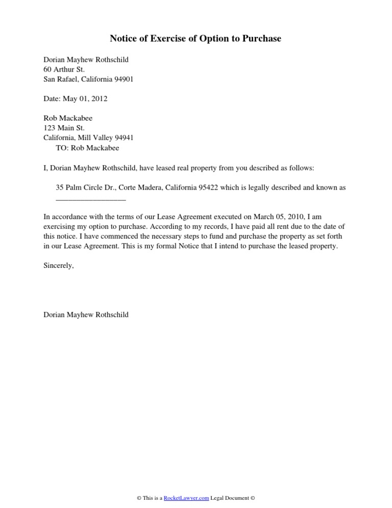 Notice of Exercise of Option to Purchase