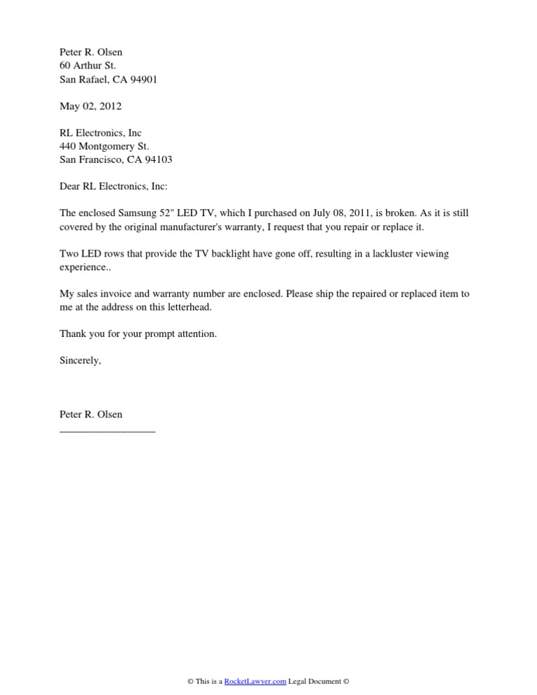 Request to Repair Item Under Warranty