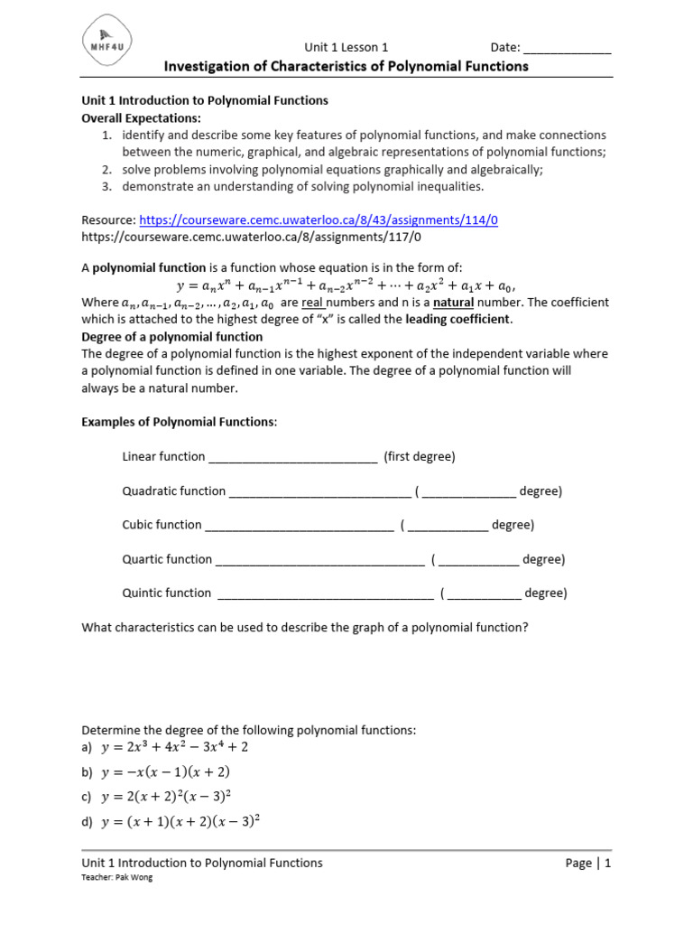 Characteristics of Polynomial Functions | PDF | Polynomial | Function ...